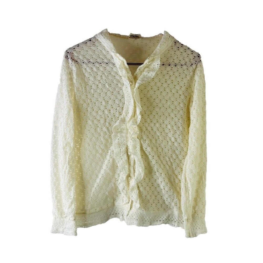Vtg 60s Sheer Crochet Frilly Ruffled Cardigan Sweater… - Gem
